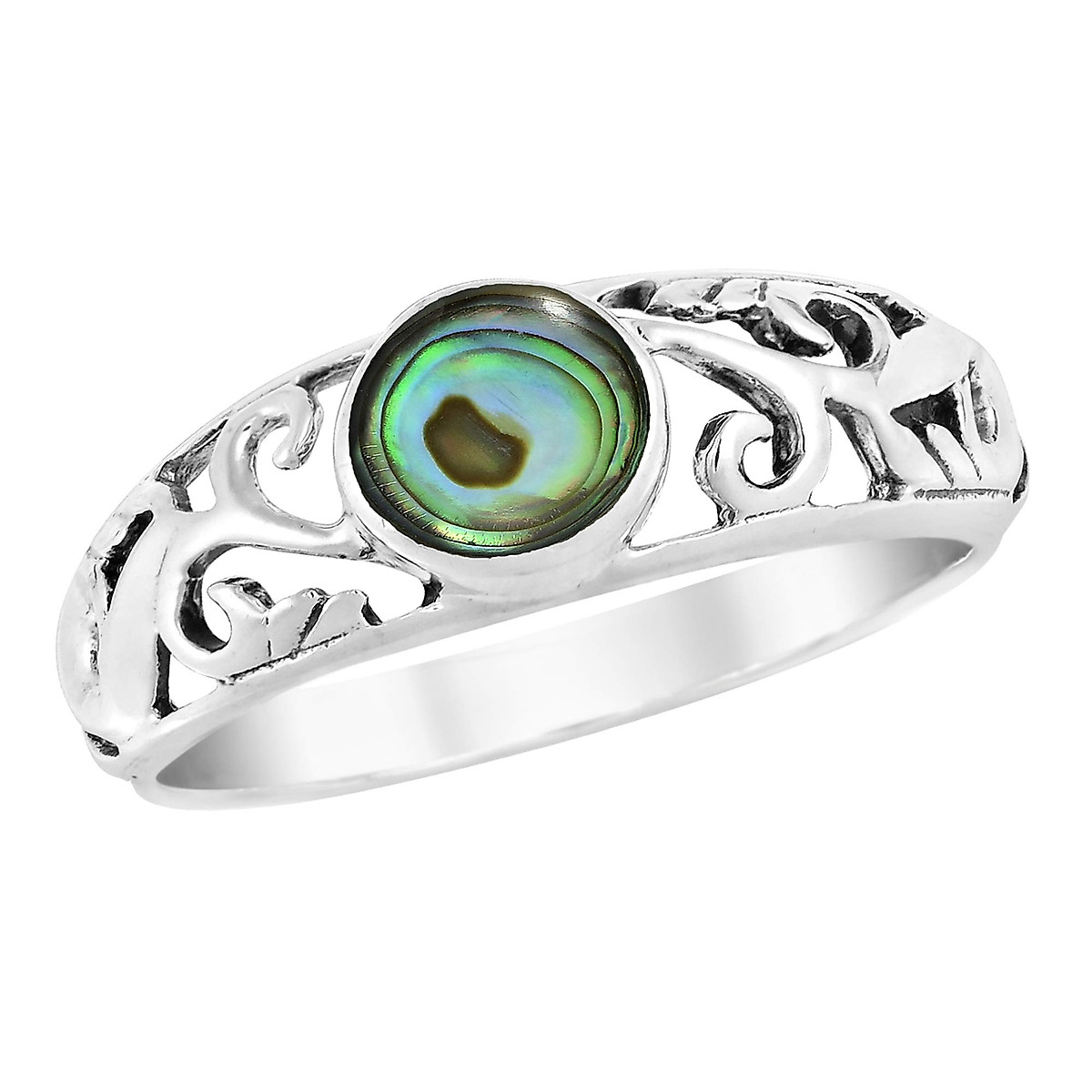 AeraVida Intricate Lace Swirl Vines Round Abalone Shell .925 Sterling Silver Ring | Elegant Wedding Rings | Casual Comfort Fit Silver Rings for Women | for Daughter | Sterling Silver Rings Sizes (7)