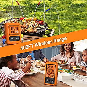 ingstek Wireless Meat Thermometer, Backlight Timer and Temp Alarm Function with 4 Probes Grill Thermometer, 400ft Remote Monitor, for Cooking, BBQ and Smoker