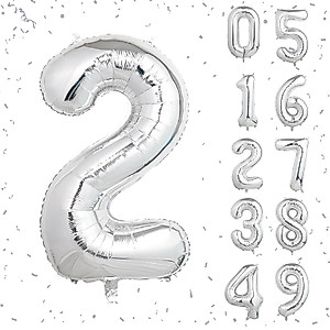 40 Inch Silver Number Balloons, Helium Mylar Foil Number Balloons for Birthdays, Number 2 Balloon for Party Wedding Bachelorette Birthday Bridal Shower Graduation Anniversary Celebration Party Decorations Supplies