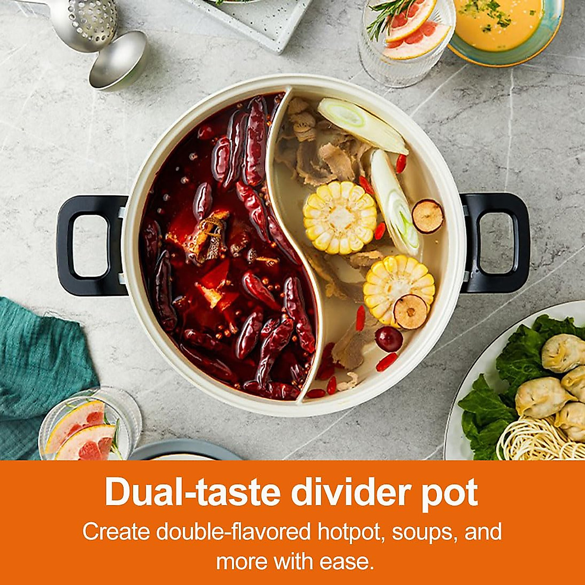 Joydeem 2 in 1 Electric Hot Pot, 3.5L Shabu Shabu Pot with Two Removable Pot, UL Listed, Ceramic Non-stick Coating, 1400W, JD-HG3706W