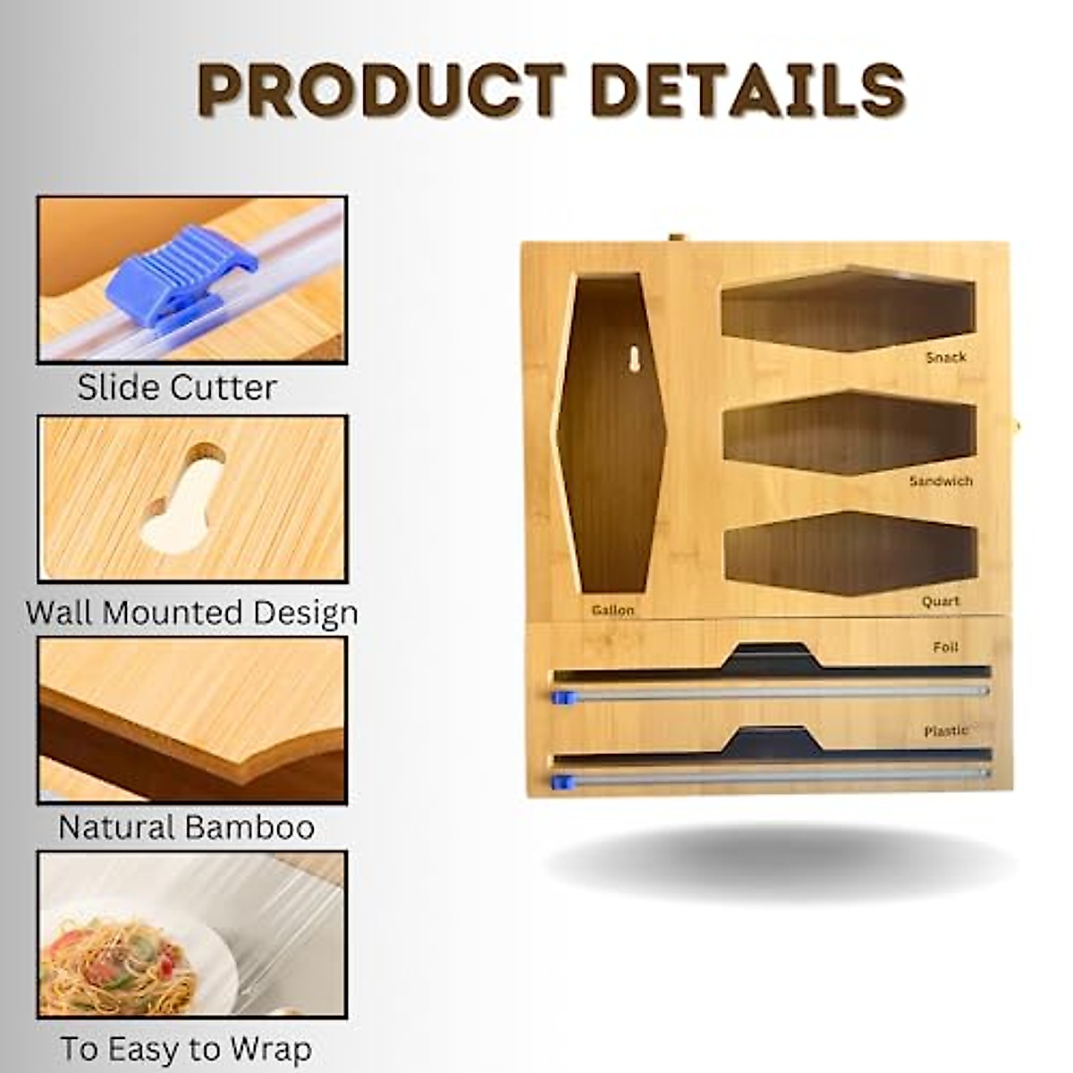 6 in1 Bamboo Ziplock Bag Organizer with Plastic Wrap Dispenser & Cutter – Compact drawer organizer for ziplock bags and foil – Ziplock Bag Storage Organizer for Gallon Quart Sandwich & Snack Bags (1)