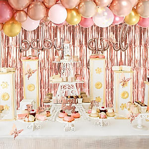 Rose Gold Baby Shower Decorations Rose Gold Balloon Garland Arch Kit Balloon Boxes Fringe Curtain Tablecloth Cake Topper Butterfly Stickers for Birthday Girls Baby Shower Gender Reveal Party Supplies