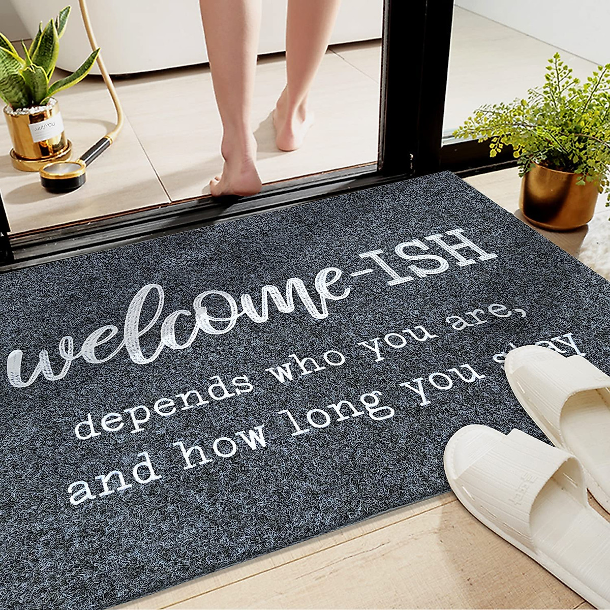 Large Welcome Mat for Front Door Outside Patio Mats Funny Welcome-ish Gray Doormat Non Slip Rubber Backing Entryway Low Profile Mats for Entry Shoe Mats 24"x36"