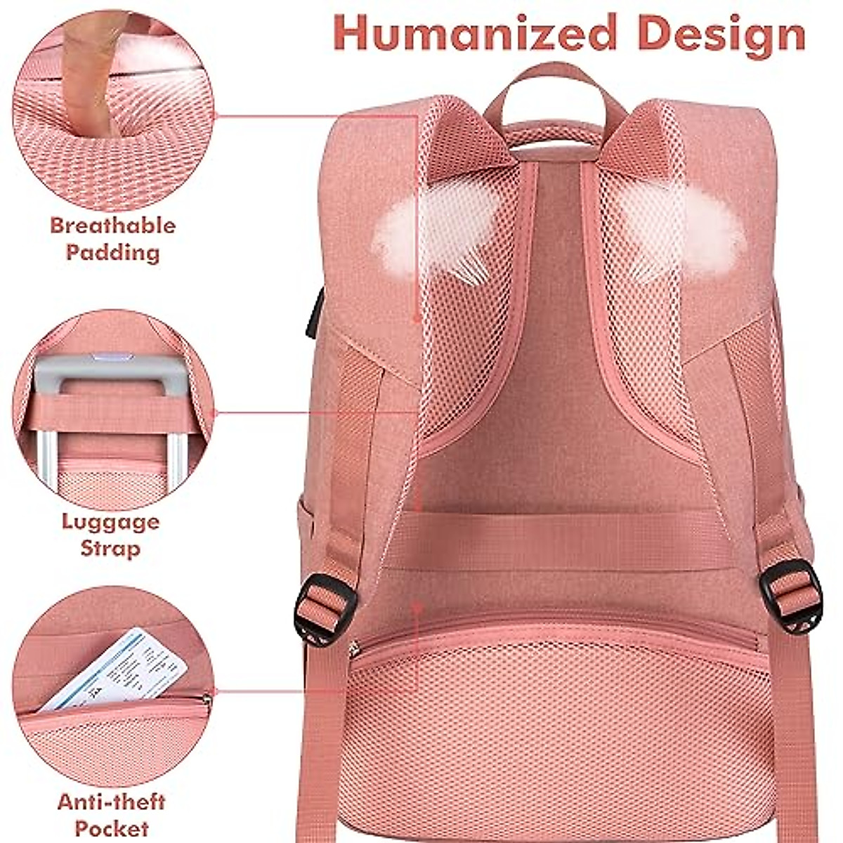Lekakii Large Travel Backpack with Shoe Pouch, Waterproof Backpack for Traveling On Airplane, 40L Personal Item Travel Bag for Men Women Pink