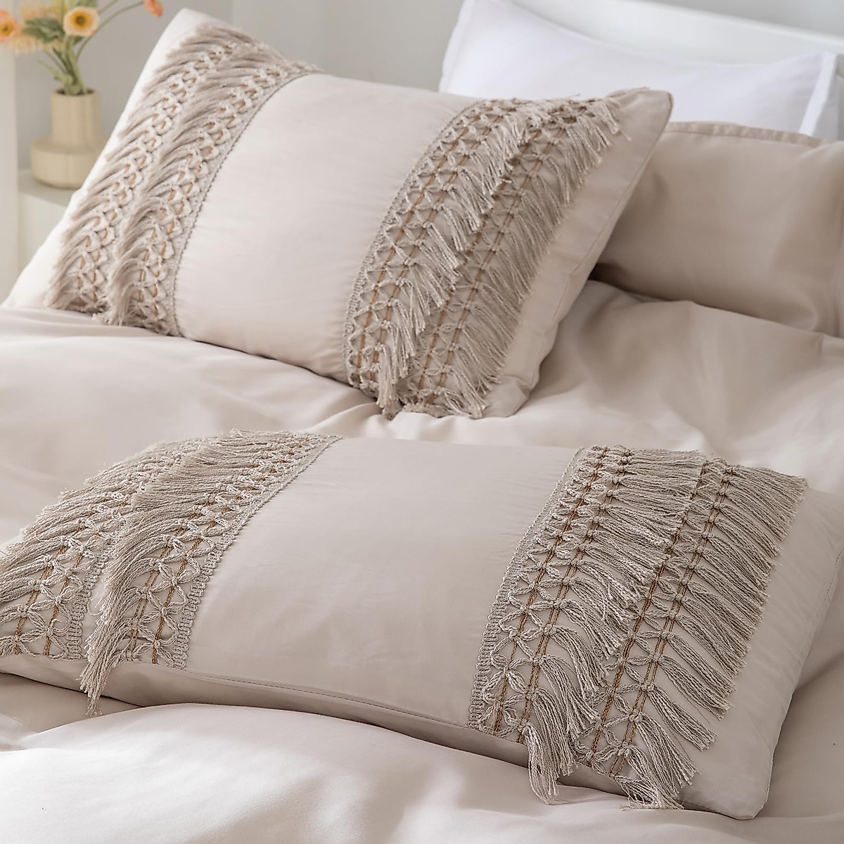 Boho Bedding Beige Cream King Duvet Cover Set Bohemian Tassel Macrame Bedding Rustic Farmhouse Room Decor Shabby Chic Beige Duvet Cover Set with 2 Boho Pillow Cover