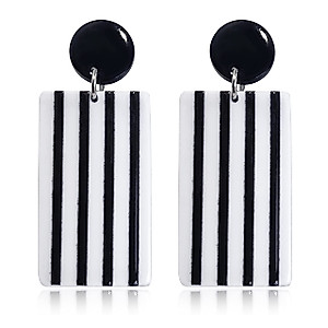 JIUIQL Unique Fashion Elegant 70s 80s Vintage Black White Stripe Long Geometric Drop Earrings Acrylic Resin Rectangle Dangle Earrings for Women Statement Jewelry Gifts (Black 2)