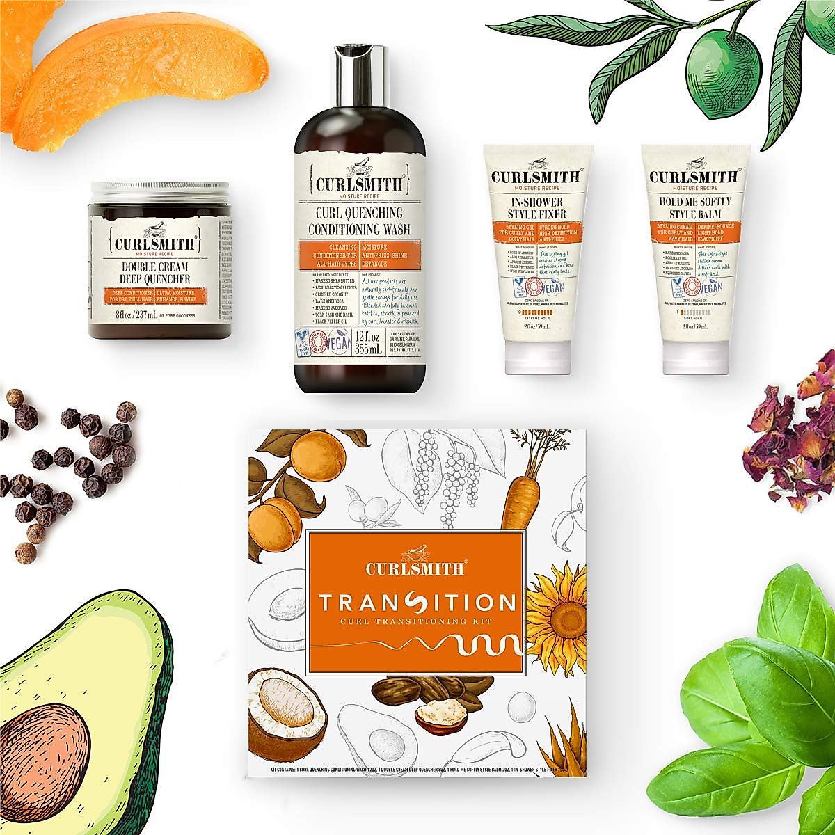 CURLSMITH - Transition Kit - Vegan Haircare Kit for Dry, Wavy, Curly or Coily Hair (1 x 12oz, 1 x 8oz, 2 x 2oz)