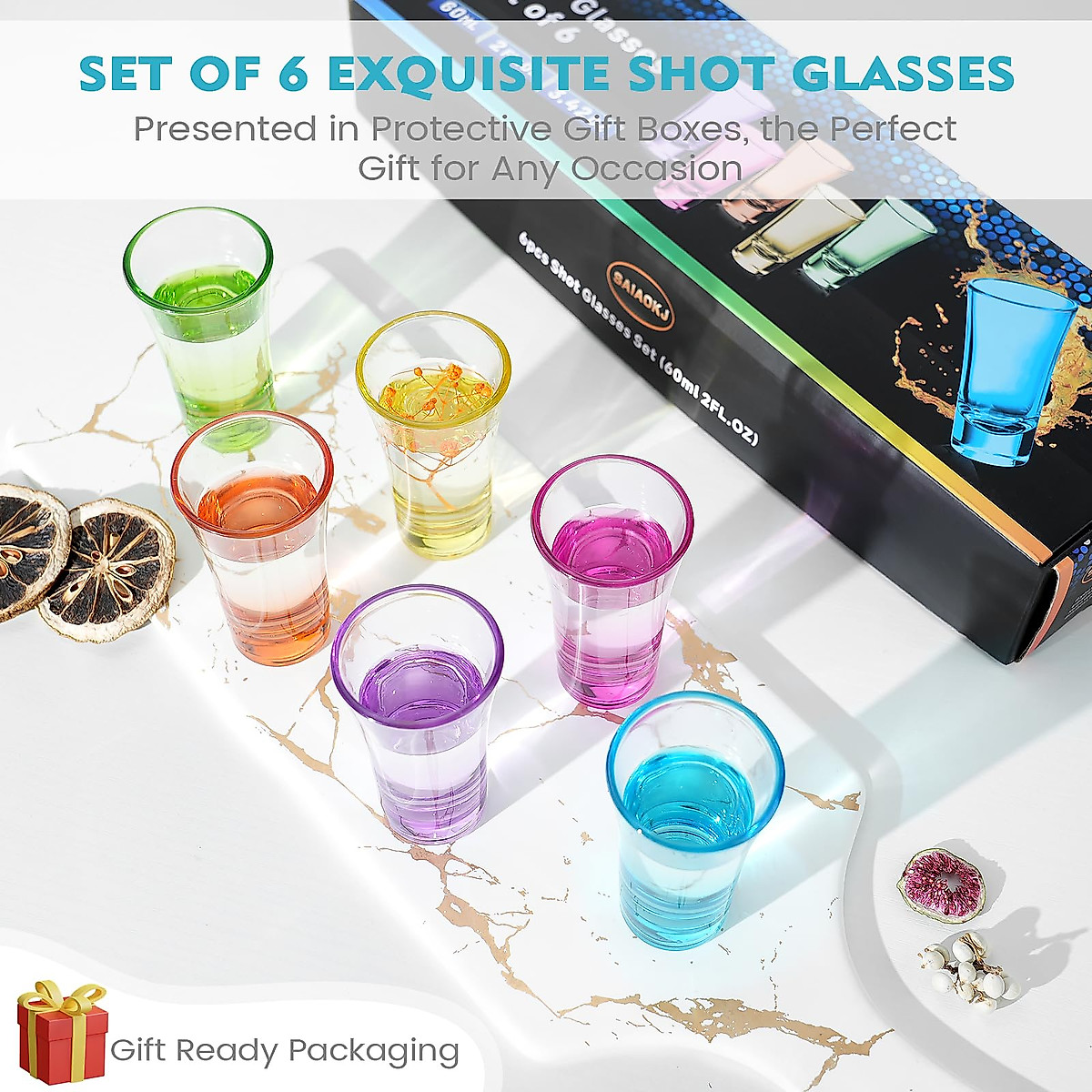 SAIAOKJ Shot Glasses Set, 2 Oz Heavy Base Shot Glasses, 6 Pack Tequila Shot Glasses with Gift Box Round Shot Glass for Tequila Whiskey Vodka Liquors Cocktail (Ombre Colorful)