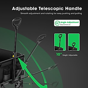 VIVOSUN Collapsible Folding Wagon, Outdoor Utility with All-Terrain Wheels, Adjustable Handle, Cup Holders & Side Pockets, for Camping, Shopping, Garden, 210Lbs Capacity, Black