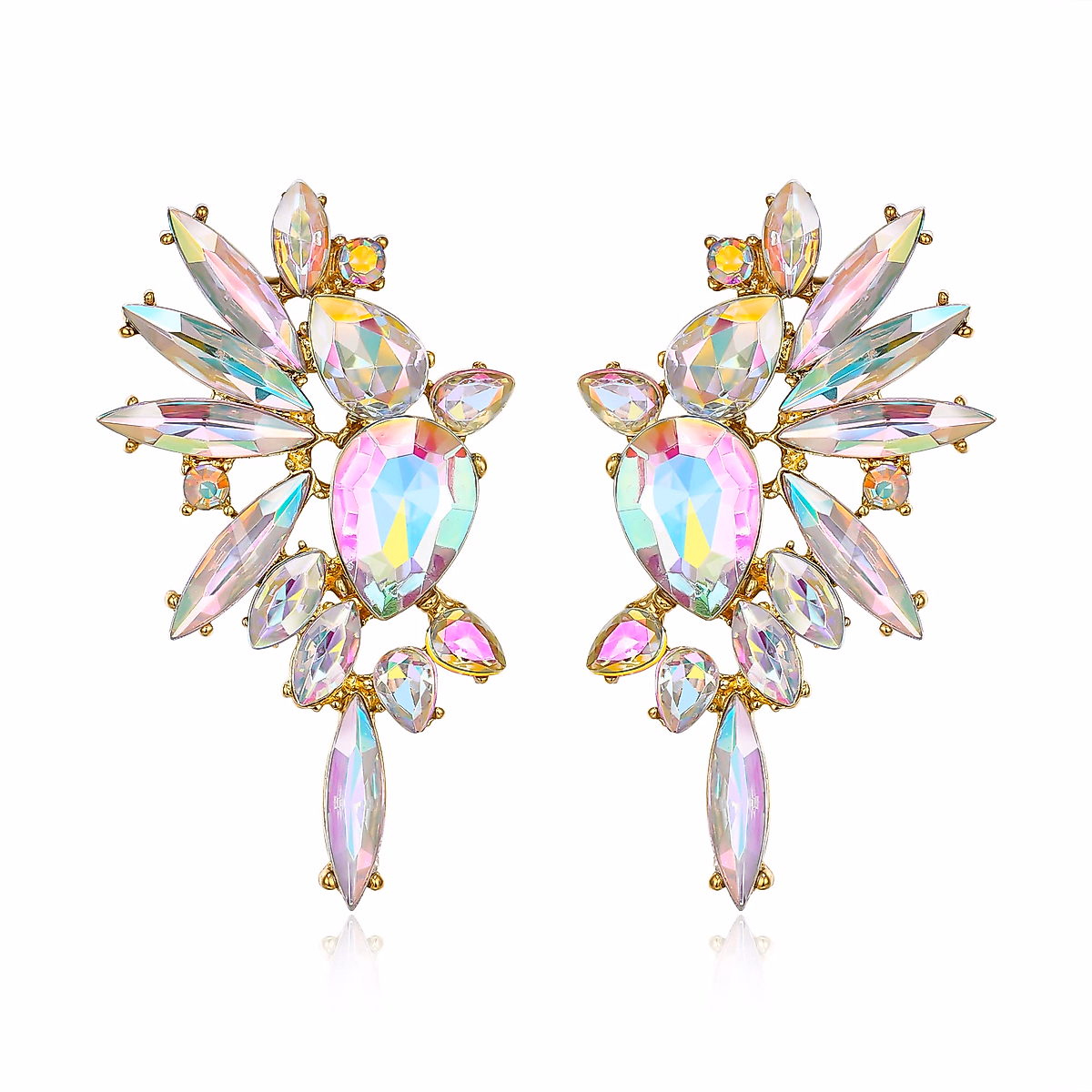 EVER FAITH Crystal Fashion Statement Earrings, Art Deco Marquise Drop Cluster Bridal Bling Colorful Dangle Earrings for Women Iridescent AB Gold-Tone
