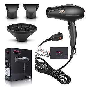 Ionic Hair Dryer with Diffuser, CONFU Professional Salon Blow Dryer with Ac Motor, 2 Concentrator Nozzle Attachments and ALCI Safety Plug, for Women and Men and Home Salon