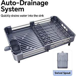 Dish Drying Rack, Kitchen Dish Drainer Rack, Expandable(13.2"-19.7") Stainless Steel Sink Organizer Dish Rack and Drainboard Set with Utensil Holder Cups Holder for Kitchen Counter