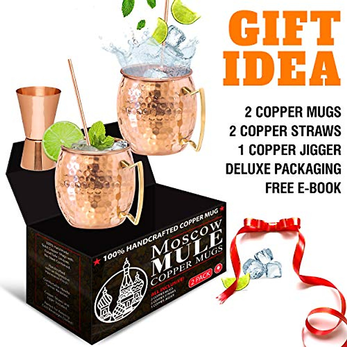 Benicci Moscow Mule Copper Mugs - Set of 2-100% HANDCRAFTED - Food Safe Pure Solid Copper Mugs - 16 oz Gift Set with BONUS - Premium Quality Cocktail Copper Straws, Straw Cleaning Brush and Jigger!