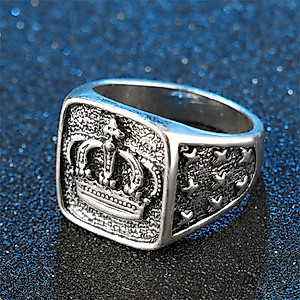 Unisex King Princess Crown Signet Statement Ring for Women Men Silver Plated Square Wide Band Finger Rings Cross Star Engraved Comfort Fit Personalized Jewelry Gifts for Father Brother Sister Size 9