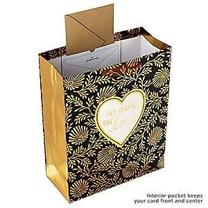 Hallmark 15" Extra Large Gift Bag with Tissue Paper ("Two Hearts, One Love" Black and Gold) for Weddings, Anniversaries, Engagements, Valentine's Day