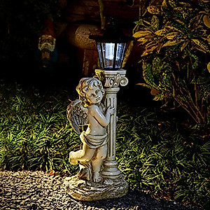 Angel Statue with Solar Lights (Left) 19.7 Inch, Solar Cherub Angel Garden Statue with Roma Pillar for Garden Decor, Porch, Patio, Yard Art Decorations, Polyresin