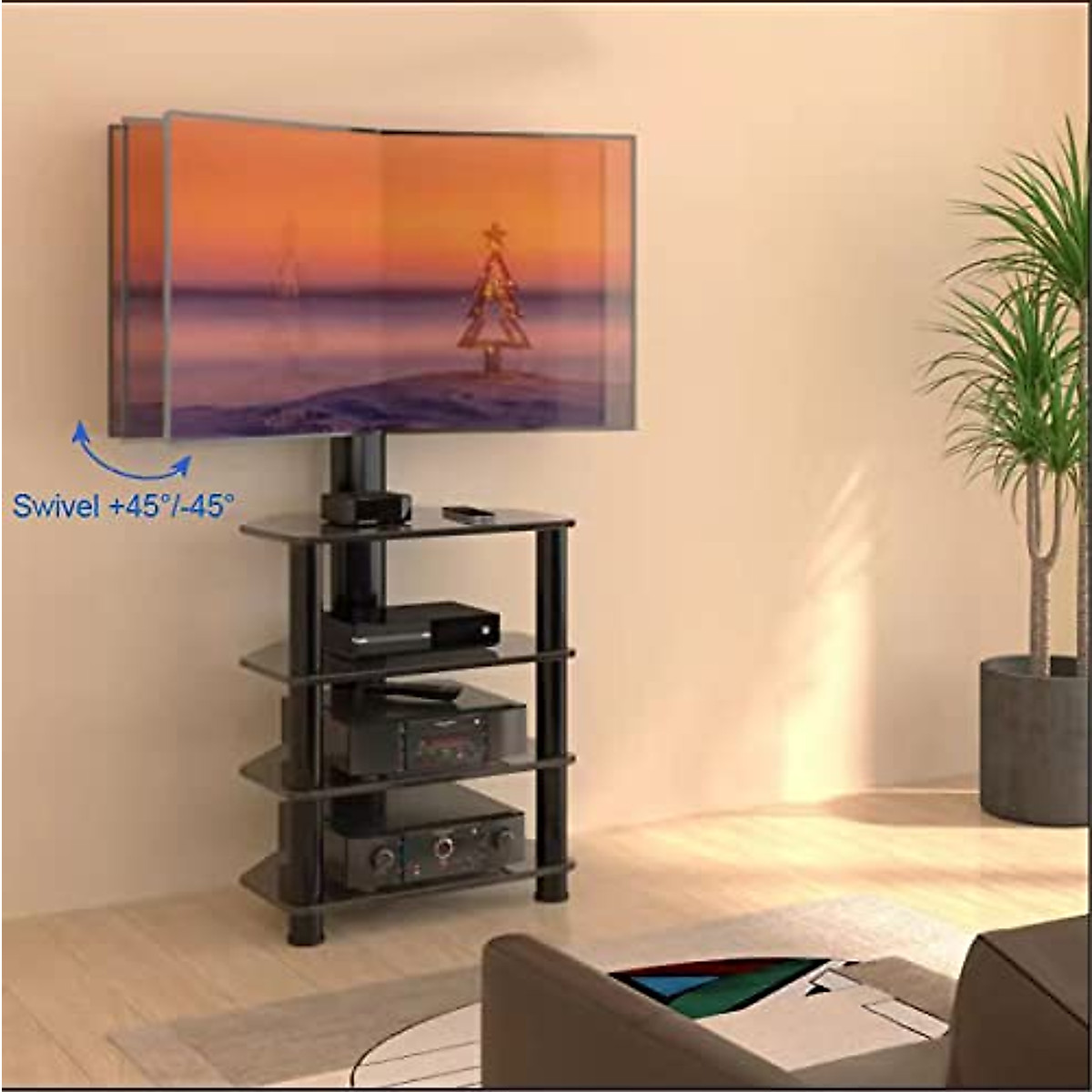 YOMT Floor TV Stand with 4 Tier Media Stand Audio Video Rack Tower for Entertainment Stereo Component, Tall TV Stand with Swivel Mount for 32-70 inch TV, Perfect for Corner and Small Spaces