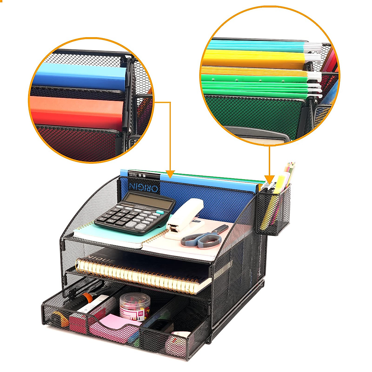 Desk File Organizer with Drawer and Pen Holder,Paper Letter Tray Organizer,Mesh Desktop File Folder Hoder Organizer, Metal Document File Tray,One means Whole.
