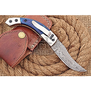 HUNTEX Handmade Hand-Forged Rain Drop Pattern Damascus Steel 4 Inch Long Pakka Wood Handle Razor Sharp Hunting Camping Trailing Pocket Knife w/Pocket Clip & Genuine Leather Pouch