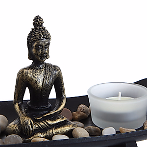 MyGift Zen Meditation Rock Garden Table Kit with Wood Tray, Buddha Statue, Rocks, Glass Tealight Candle and Incense Burner Holder