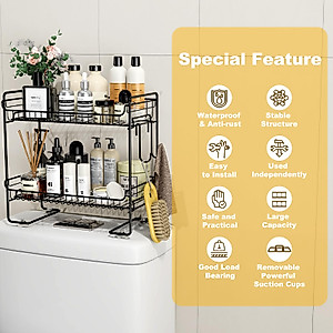 Johamoo Over The Toilet Storage, 2-Tier Bathroom Organizer Shelves, Multifunctional Bathroom Storage Rack with 4 Suction Cup, No Drilling Space Saver with Hooks, Upgrade Non-Adhesive, Black