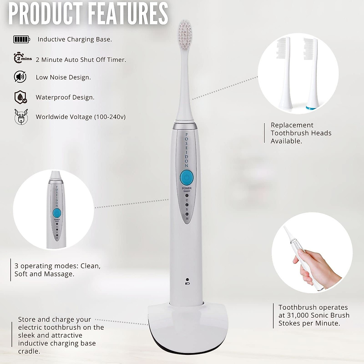 ToiletTree Products Poseidon Rechargeable Sonic Toothbrush with Inductive Charger and 3 Replacement Brush Heads for Multiple Users