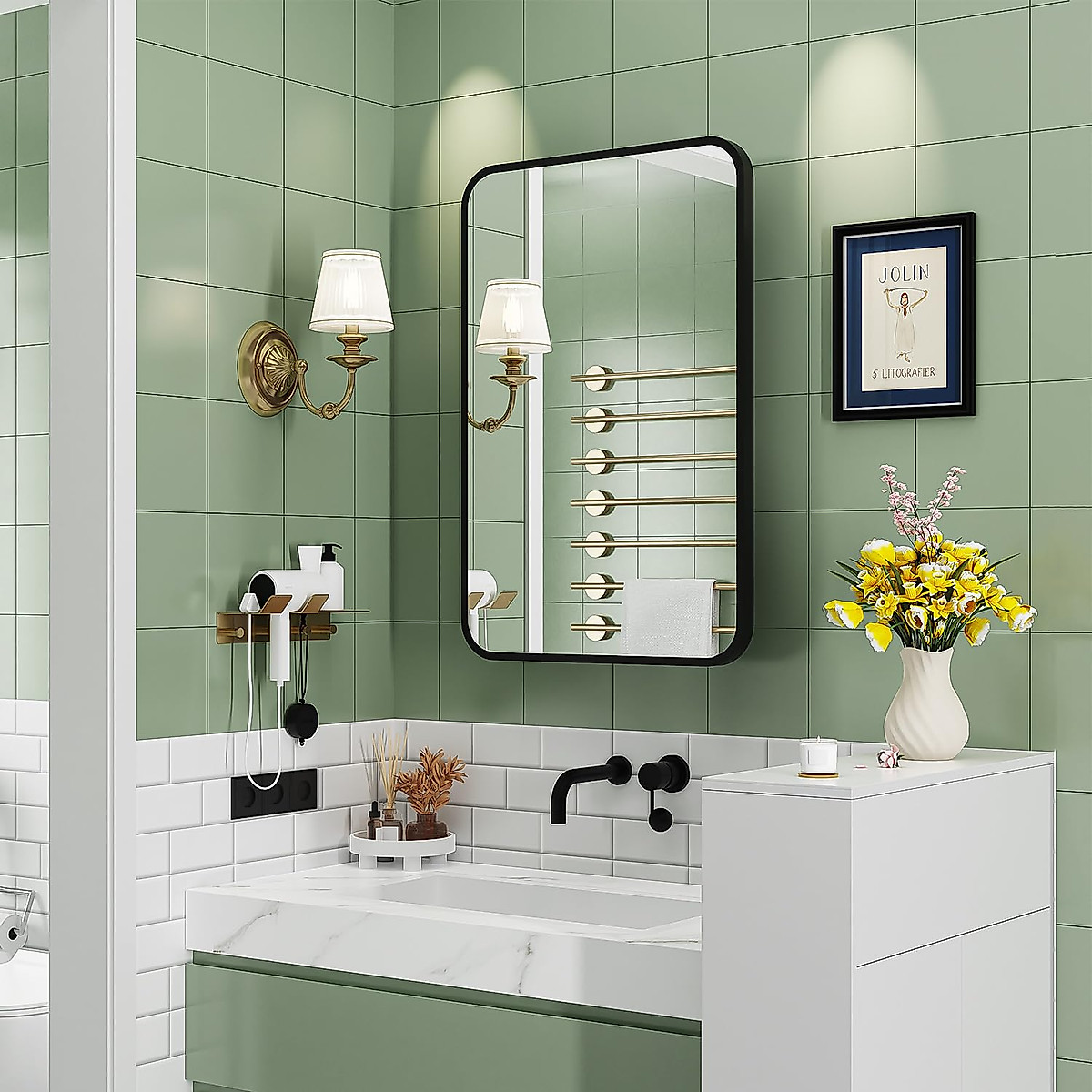 ACEMIRO 16x24 Inch Medicine Cabinet for Bathroom with Vanity Mirror Black Metal Framed Recessed Wall Mounted Bathroom Medicine Cabinet with Mirror