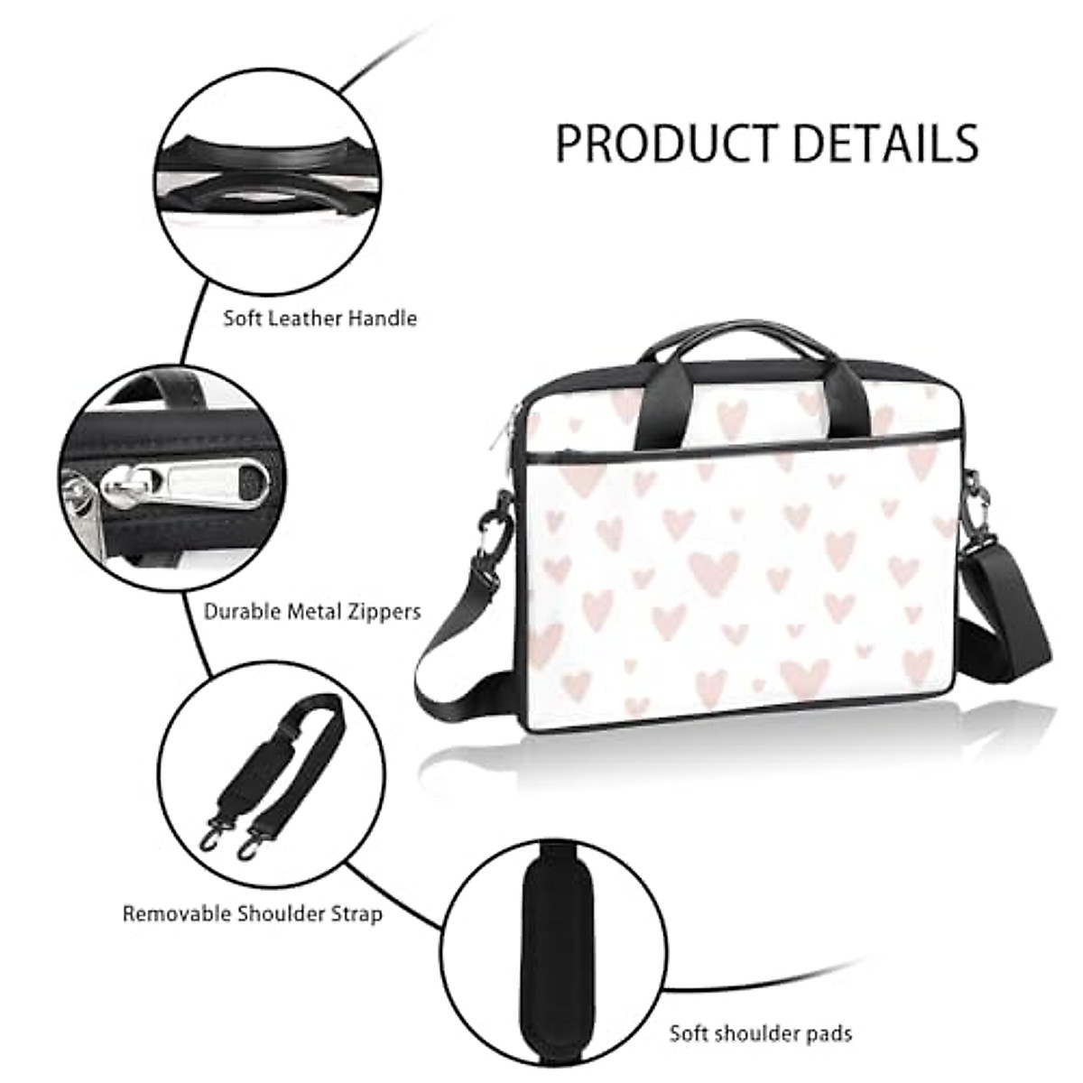 Hearts Love Laptop Computer Bag Waterproof Shoulder Messenger Bag 13-15 inch Durable Laptop Tote Bag with Shoulder Strap Handle Lightweight Crossbody Briefcase