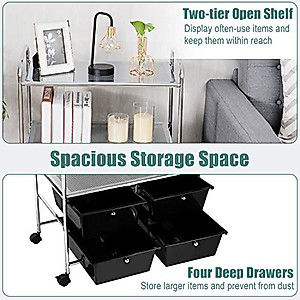 RELAX4LIFE Storage Cart W/Four Drawers, Wheels and Two Shelves, Stable Steel Frame Craft Cart for Office,Home, Make Up Storage and Files Arrangement Storage Cart Organizer (Black)