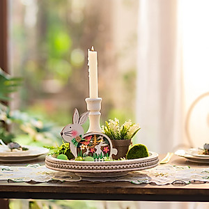 Lazy Susan Organizer Wooden Turntable: Hanobe White Round Wood Trays for Decorative Kitchen Counter Coffee Table Home Decor with Beaded Spice Spinner