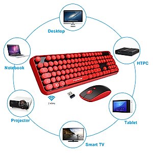 FOPETT Wireless Keyboard and Mouse Combo, 104 Keys Full-Sized 2.4 GHz Round Keycap Colorful Keyboards, USB Receiver Plug and Play, for Windows, Mac, PC, Laptop, Desktop (Black Red)