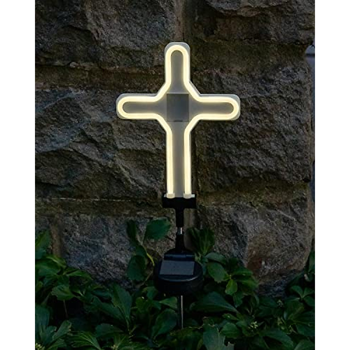 Touch Of ECO Solar Neon Memorial Cross Outdoor Garden Stake Light w/ Personalized Picture Frame - Honor Pets, Humans, Graves Cemetery Decorations Markers, Cool White, (TOE401)