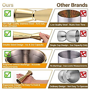 Eligara Japanese Jigger - Cocktail Measuring Double Jiggers for Bartending, Copper Jigger with Measurements Inside - Stainless Steel Bar Tools For Bartenders, Jigger 2 oz 1 oz (Gold)