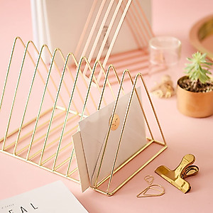 Sooyee 9 Slot Rose Gold Magazine Holder,Desktop File Sorter Organizer Triangle Bookshelf Decor Home Office