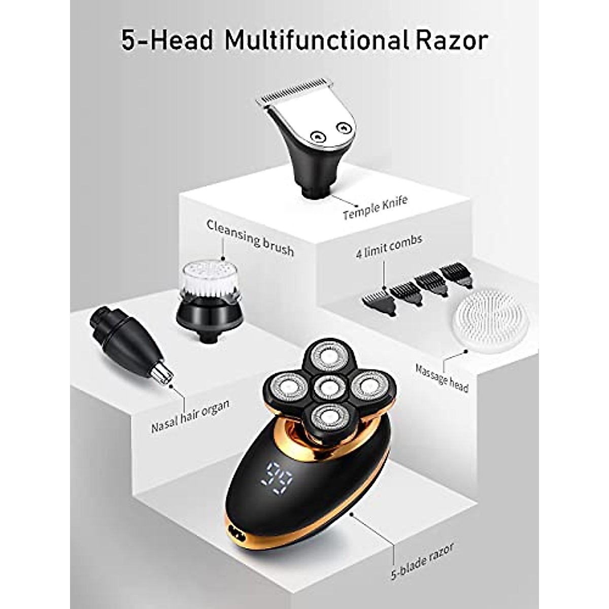 Electric Shavers for Men - 5 in 1 Bald Head Shavers for Men, 5D Floating Cordless USB Rechargeable Rotary Razor Multifunctional Grooming Kit Beard Trimmer Waterproof Wet and Dry with LED Display