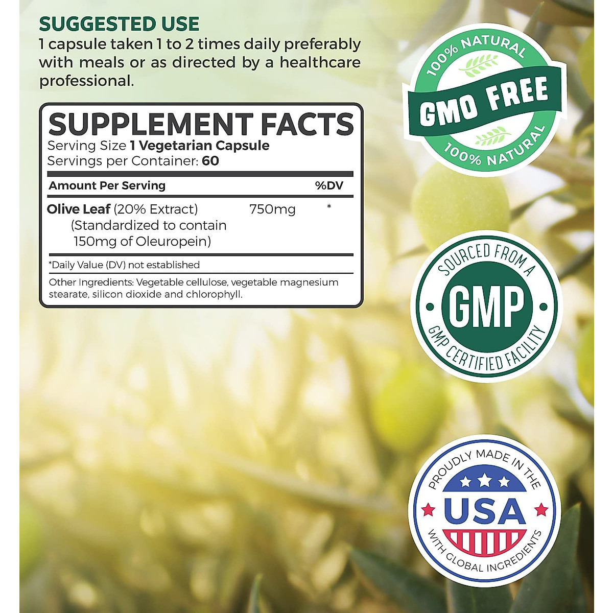 Olive Leaf Extract (Non-GMO) Super Strength: 20% Oleuropein - 750mg - Vegetarian - Immune Support Supplement, Skin Health, and Powerful Antioxidants Supplement - No Oil or Liquid - 60 Capsules