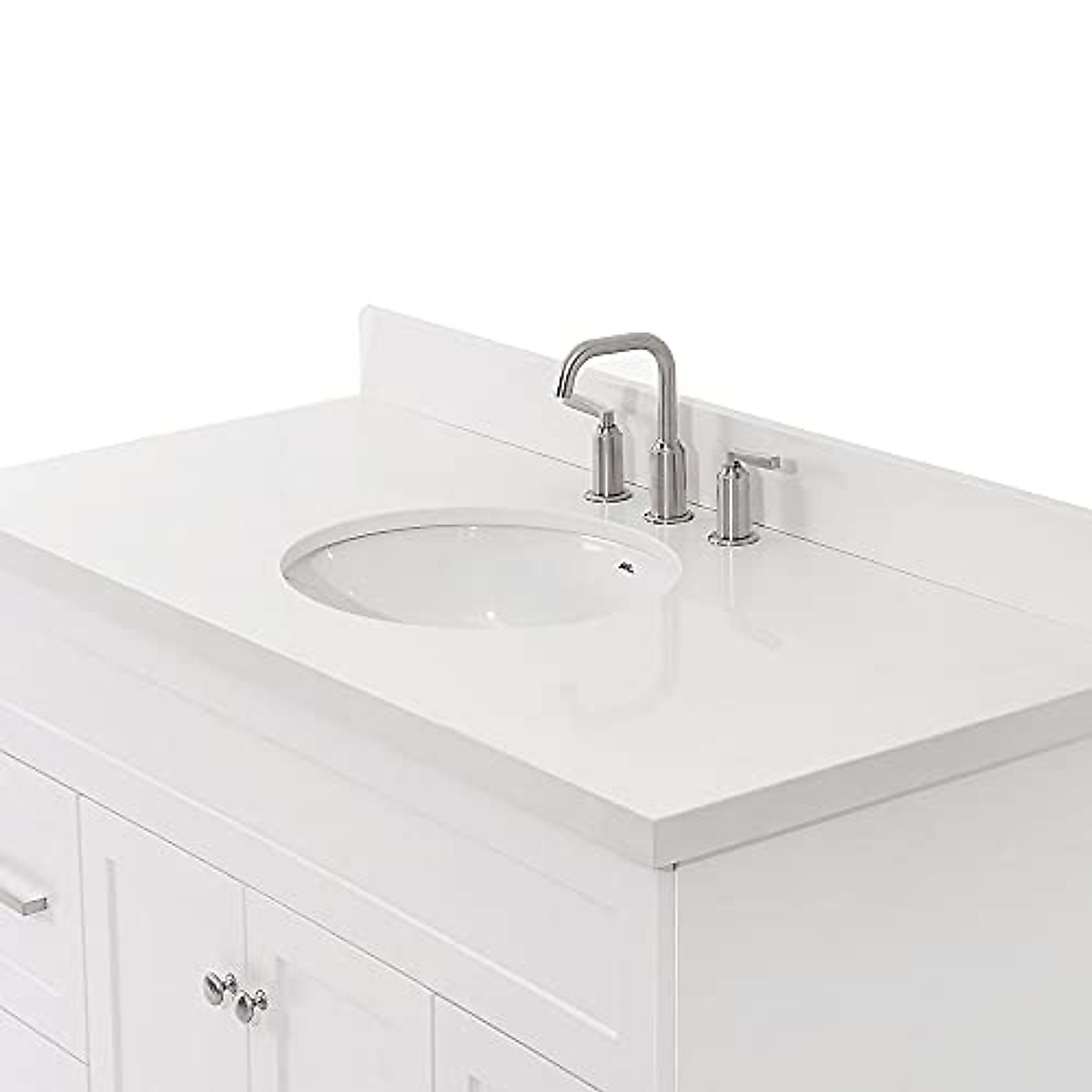 ARIEL 49" White Bathroom Vanity with 1.5" Edge Pure White Quartz Countertop & Splash, Rectangular Sink, 2 Soft Closing Doors, 4 Full Extension Dovetail Drawers, Built in Toe Kick, Brushed Nickel