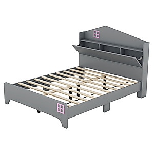 VilroCaz Funny Design Full Size Kids Bed Platform Bed with Storage Headboard, Wooden Platform Bed Frame with Shelves for Kids Teens Boys Girls Bedroom, Sturdy Slat Support (Grey-WF1)