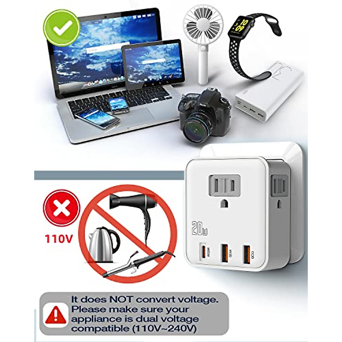 UK & European Travel Plug Adapter - Fast Charger for iPhone iPad 20W PD USB C & Quick Charge QC 3.0, 2500W Power Adaptor 3 US Outlets American to EU Europe Italy France Travel Essentials Accessories