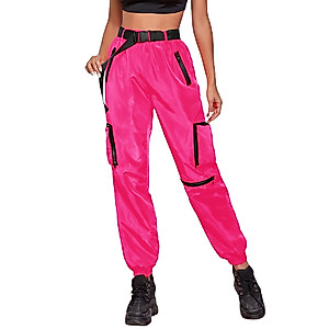 MakeMeChic Women's Casual Plain Mid Waist Utility Cargo Pants Jogger Pants with Belt Hot Pink XL