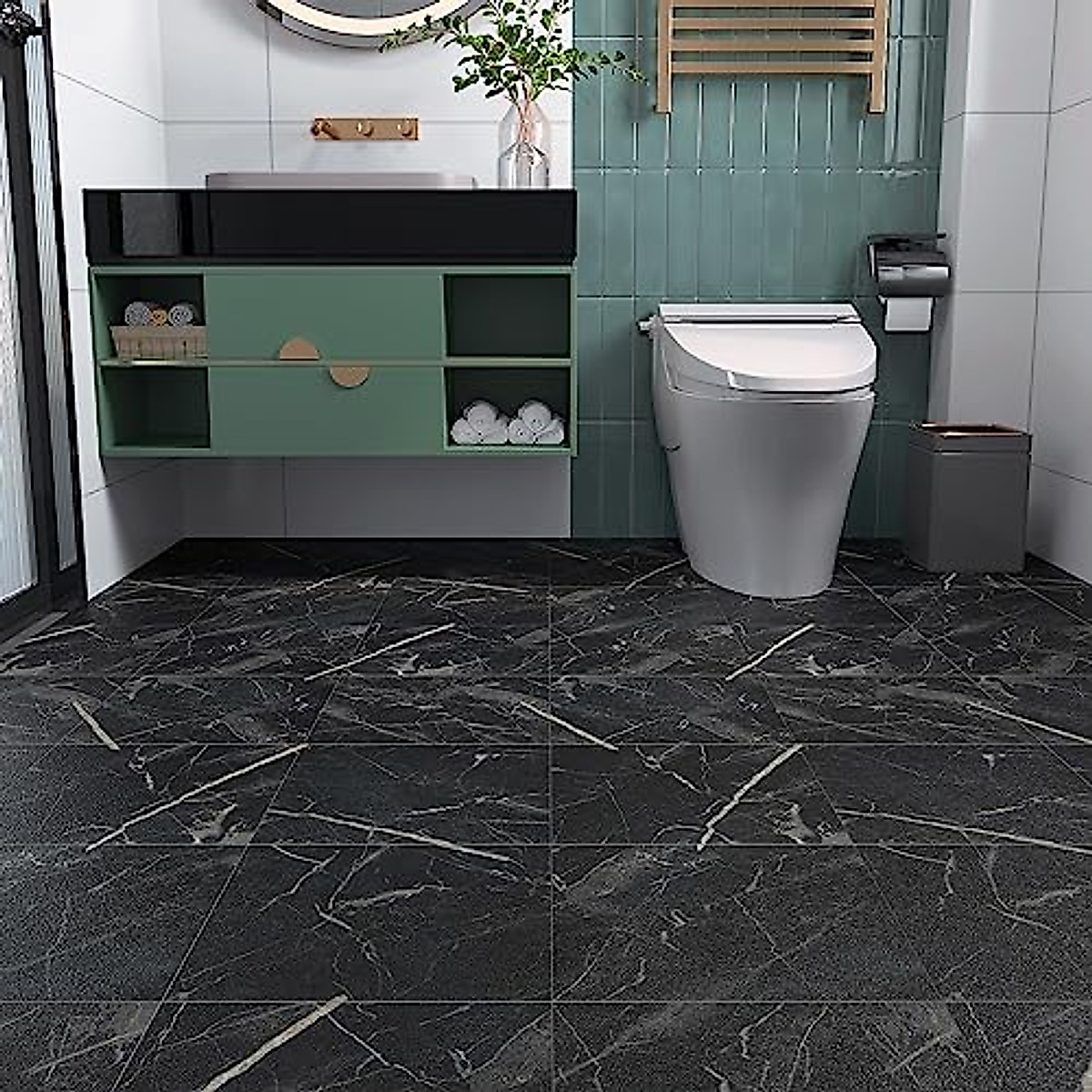 VaryStyle 20 Pack Black Marble Peel and Stick Waterproof Vinyl Floor Tiles 12"x12" Self Adhesive Removable Sticky Tiles for Kitchen Bathroom Bedroom Floor Walls