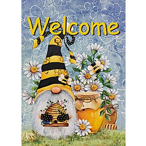 Furiaz Welcome Spring Honey Bee Gnome Garden Flag, Summer Yard Outdoor Home Decorative Burlap Lawn Outside Decoration, Daisy Flowers Small Decor Double Sided 12x18