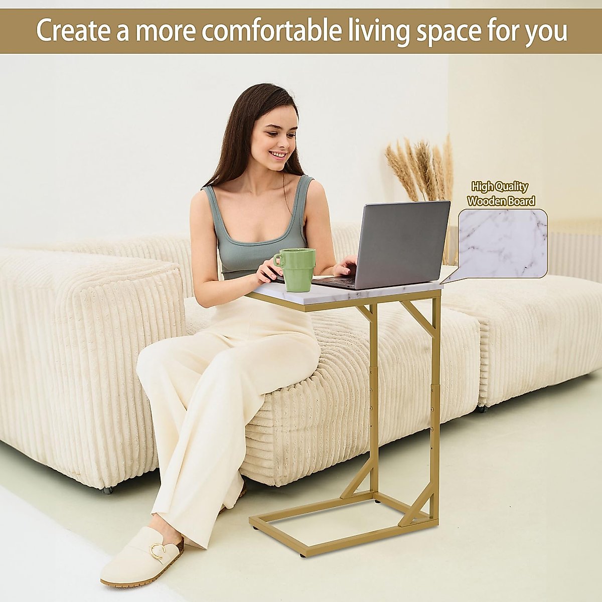 Serteaw C-Shaped End Table, Sturdy Side Table for Couch Sofa Bedside Small Space,C Snack Table TV Tray Record Player Stand Small Tables for Living Room Bedroom,Easy to Assemble,Gold