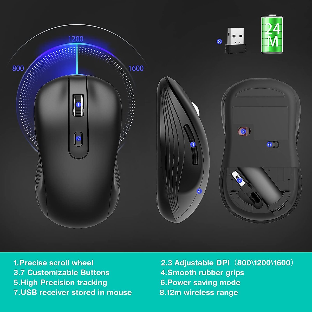 Wireless Keyboard and Mouse Combo, 2.4G Full-Sized Ergonomic Keyboard Mouse Wireless,3 DPI Adjustable Cordless USB Keyboard and Mouse,Full Numpad,Quiet Click for Computer/Laptop/Windows/Mac