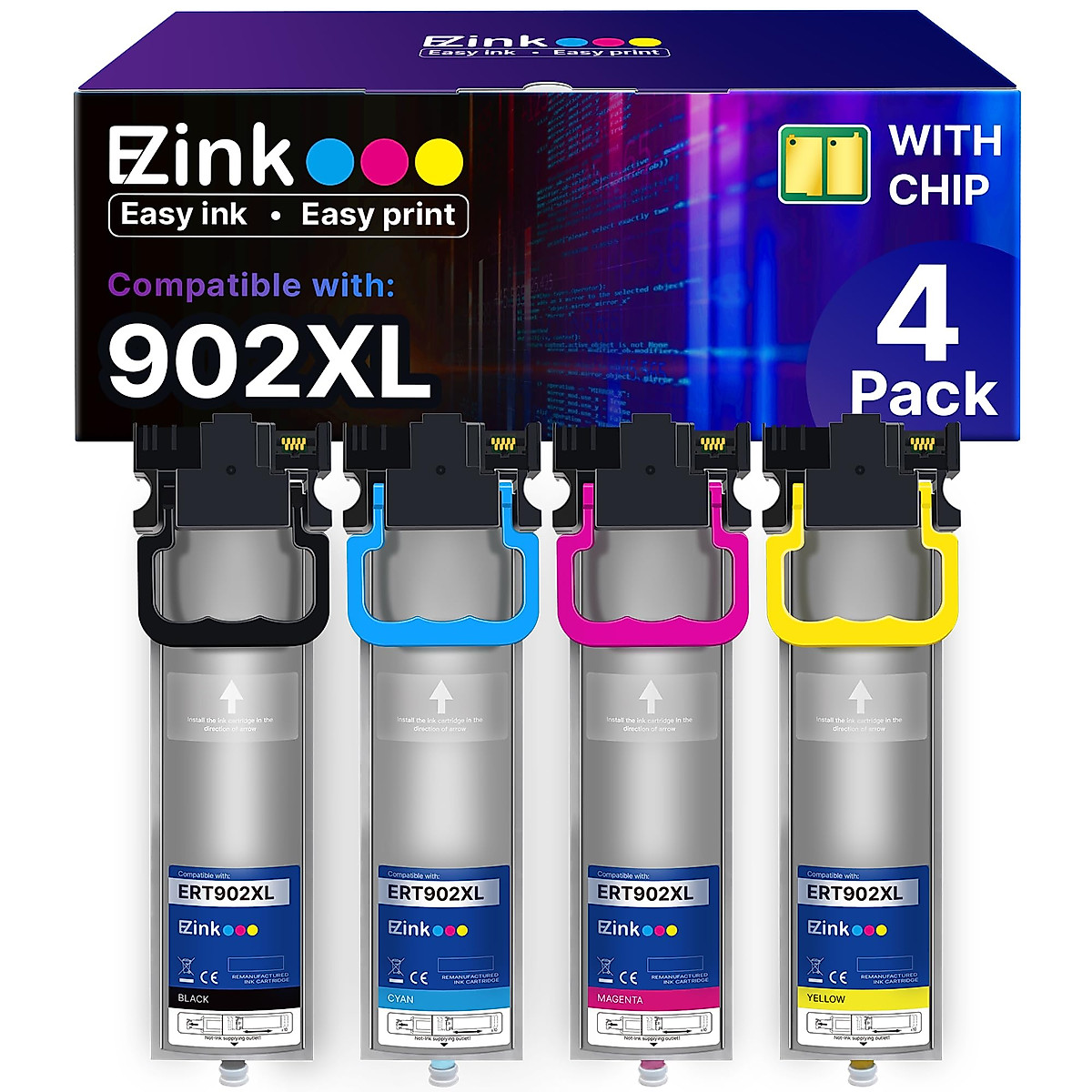 E-Z Ink (TM) Remanufactured Ink Pack Replacement for Epson 902 T902 High Yield to use with Workforce WF-C5210, WF-C5290, WF-C5710, WF-C5790 (Black, Cyan, Magenta, Yellow, 4 Pack