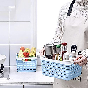 5Pack Plastic Storage Basket Blue, Desktop Weave Baskets with Handle, Portable Bathroom Open Storage Bin, Small Plastic Containers Shelf Brackets for Shelves Countertop Kitchen Cabinet Office