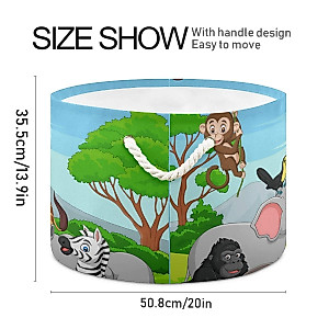 AJINGA Collapsible Round Storage Basket Fabric Toy Chest Organizer, Cartoon Wild Animals Jungle Laundry Basket with Drawstrings for Kids