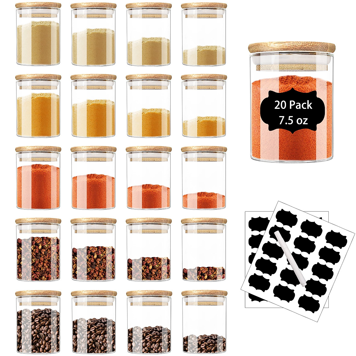ZRRHOO 20 Pack Glass Jars with Bamboo Lids, 7.5oz Airtight Spice Jars Set with Extra Labels and Pen, for Dry Food Canisters, Spice, Coffee, Beans, Candy, Nuts, Herbs