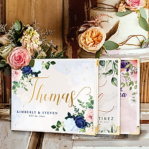 Personalized Wedding Guestbook w/Bride and Groom Name & Text & Date - 8 Floral Design 9"x7" Inches - Customized Hardcover Canvas Guest Book Registry Sign-in Gifts, Custom Large Signing Books Gift C1