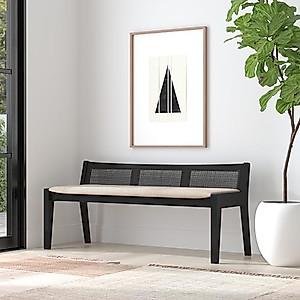 Powell Kasi Black Low Back Cane Bench with Beige Upholstered Seat